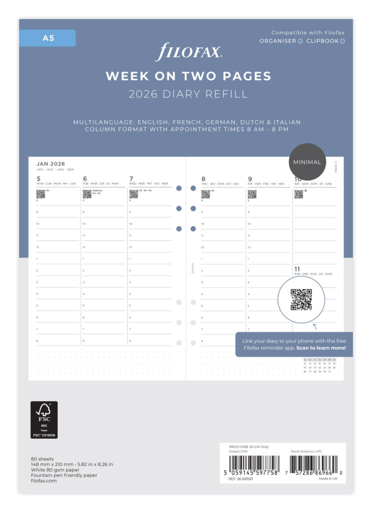 Filofax navulling organizer A5 - Week on two pages diary 2026 Minimal